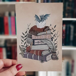 Fantasy Book Stack and Baby Dragon Art Print, Wall Art, Bookish Gifts ...