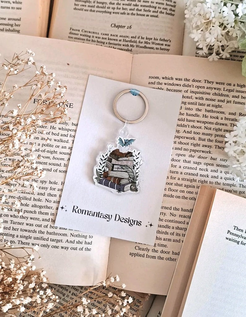 Book Stack and Dragon Keyring / Fantasy Keychains Illustrated Bookmark ...