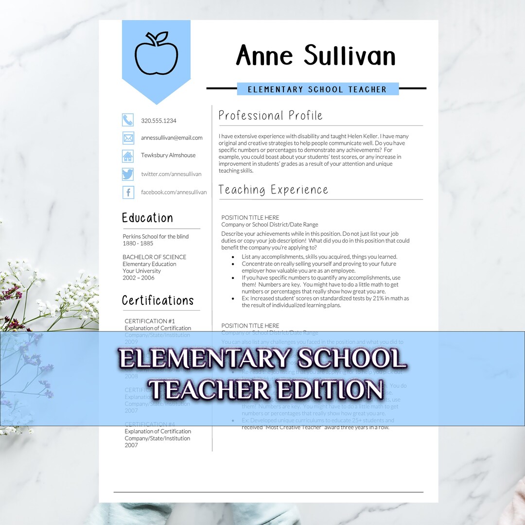 Elementary School Teacher Resume Template / CV | Primary, Middle School ...