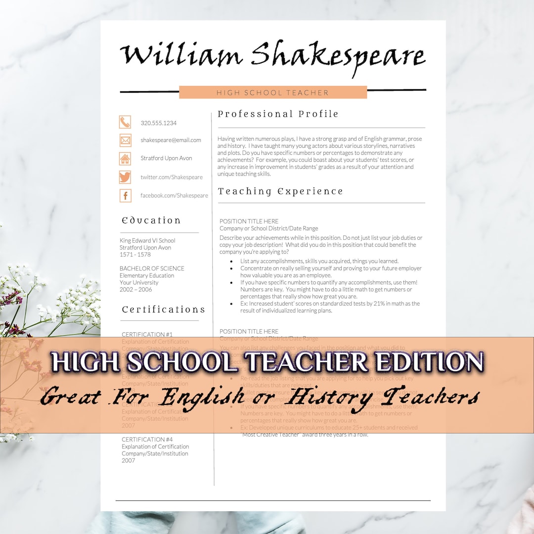 High School Teacher Resume Template / CV | High School History ...