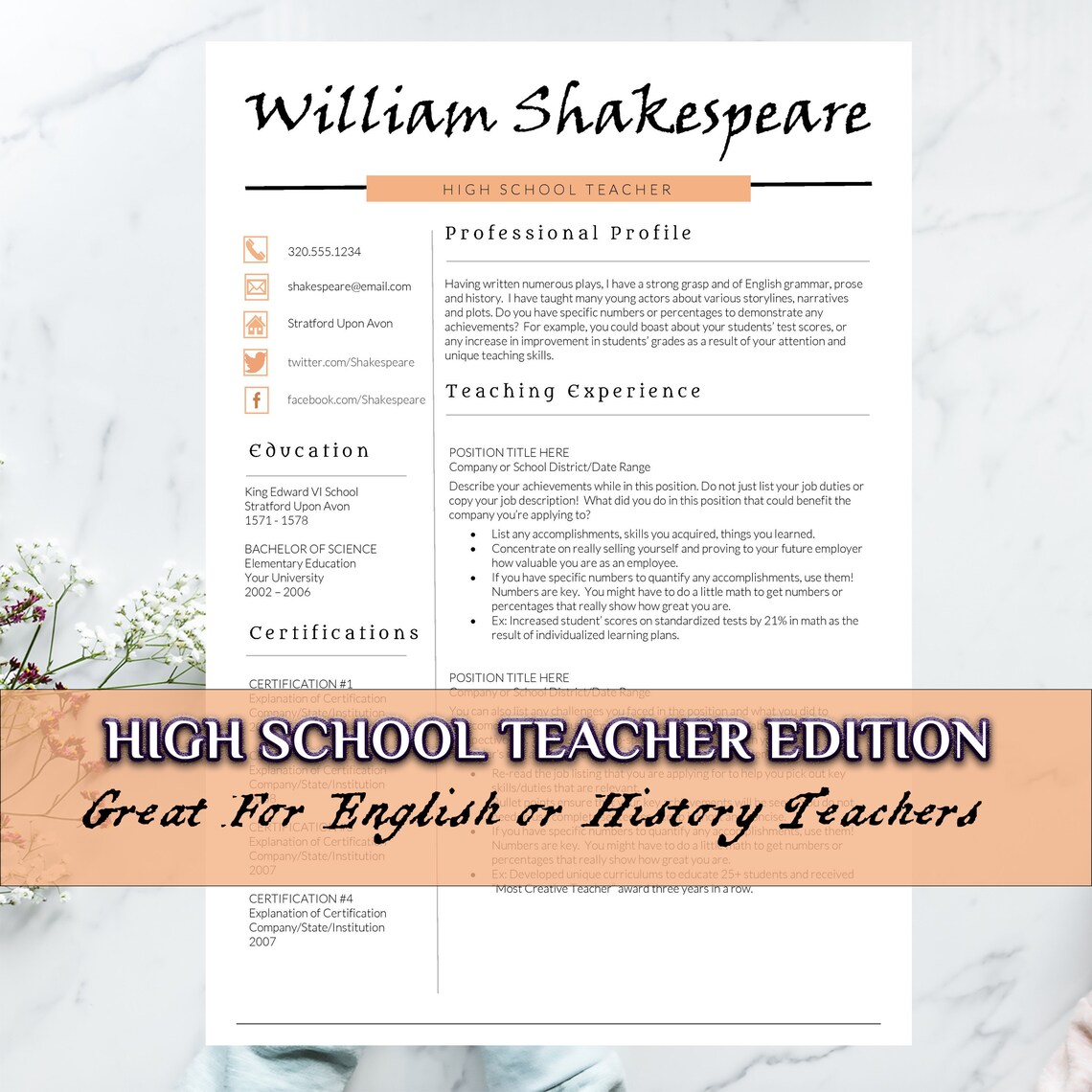 High School Teacher Resume Template / CV High School History / English ...