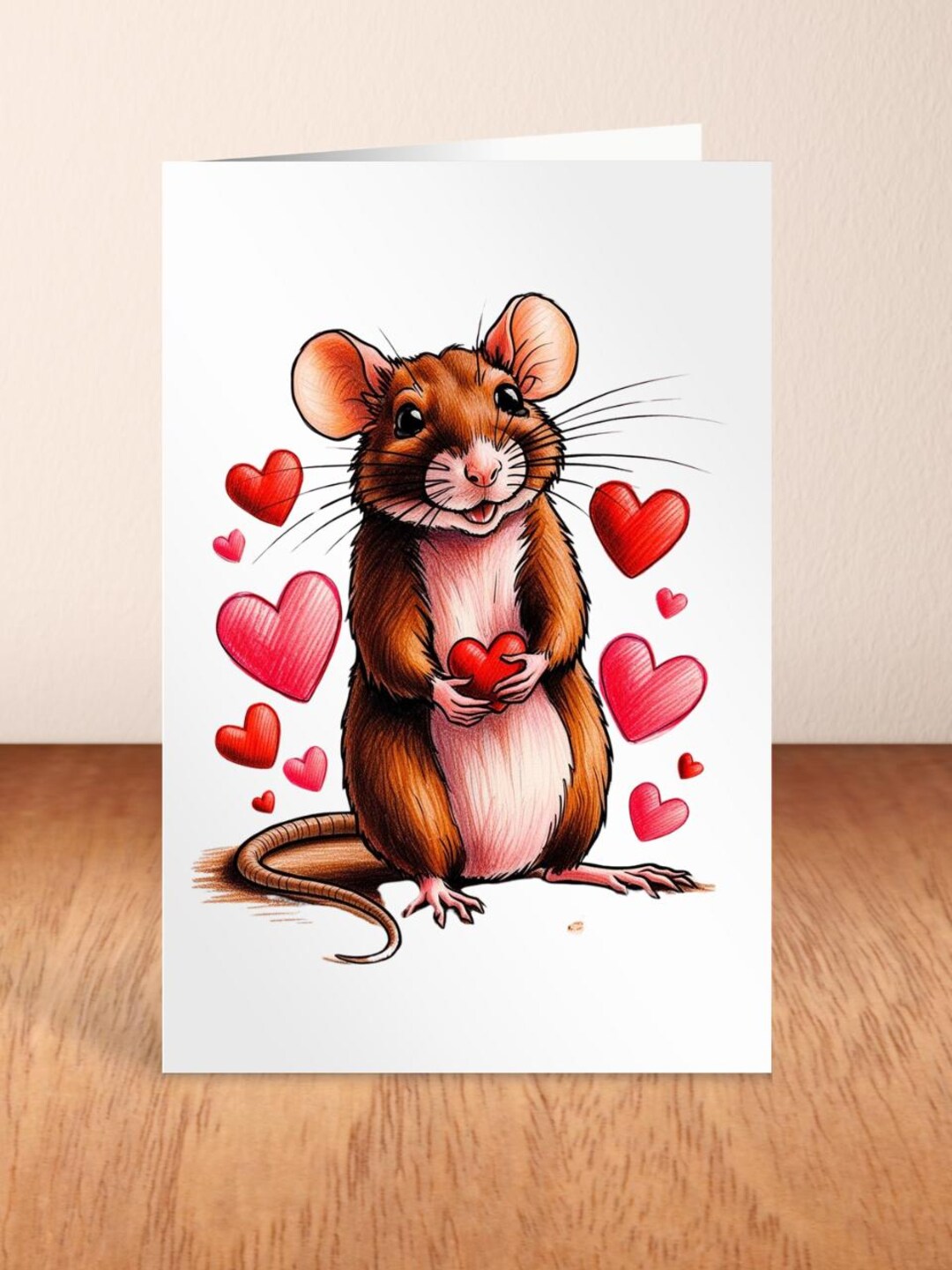 Rat With Hearts Card for Her, Card With Rat Illustration, A5 Card for ...