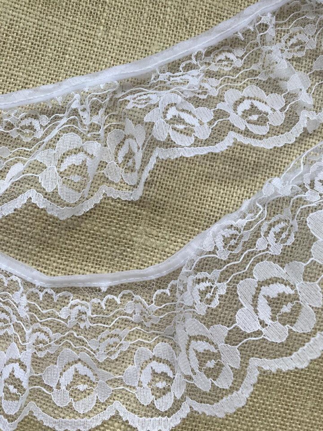 White Gathered Frilled Lace 75mm Width Pretty Rose Design Perfect for ...