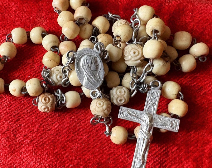 Vintage French Virgin Mary Catholic Rosary With Bone Prayer Beads ...