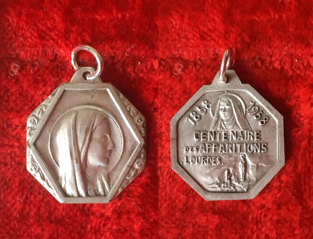 Vintage French Virgin Mary Religious Medal Lourdes Catholic Pendant