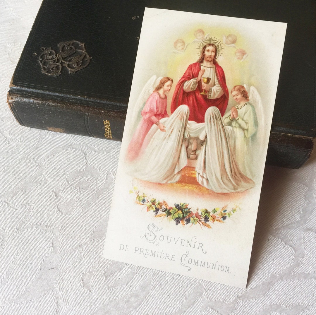 1906 Antique French Jesus Religious Card , Communion Catholic Holy Card ...