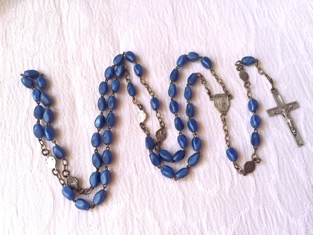 Vintage French Blue Catholic Rosary, Virgin Mary Glass Rosary for Women ...