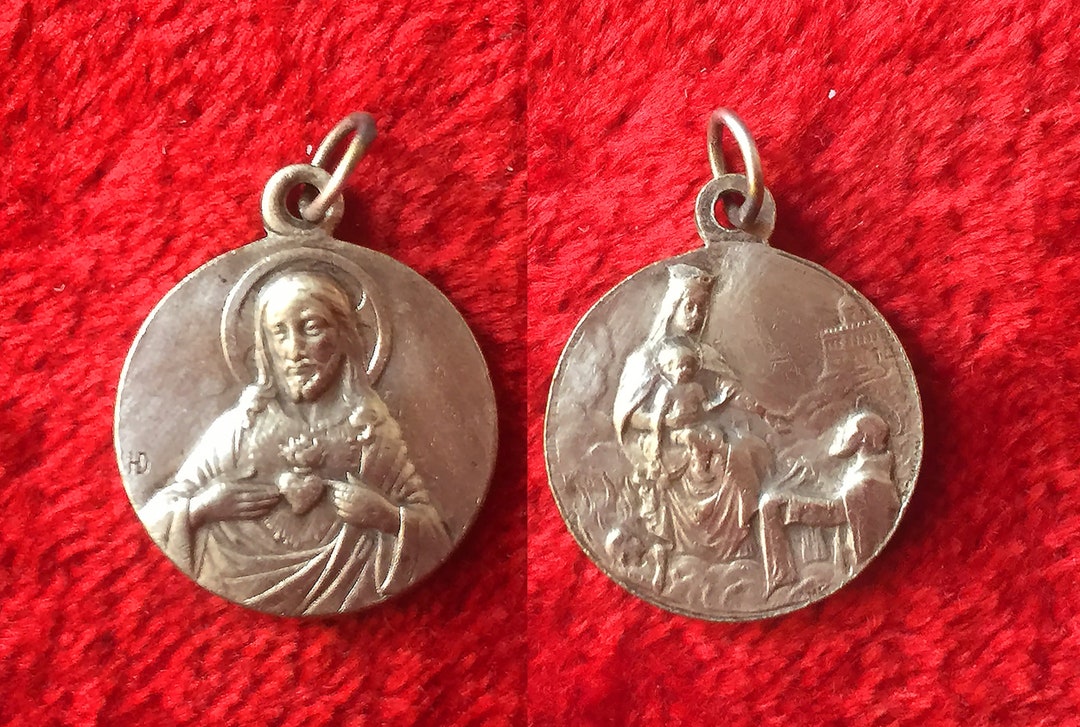 Antique French Jesus Sacred Heart Religious Medal, Jesus and Mary ...