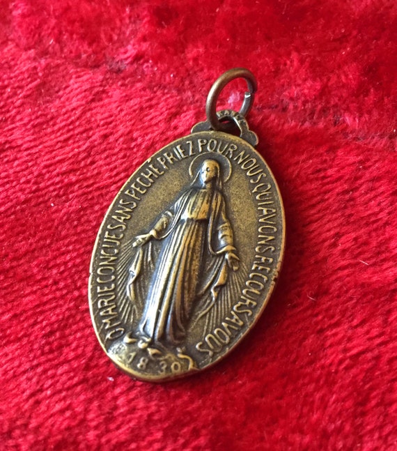 Vintage French Large Virgin Mary Religious Medal Mar… Gem