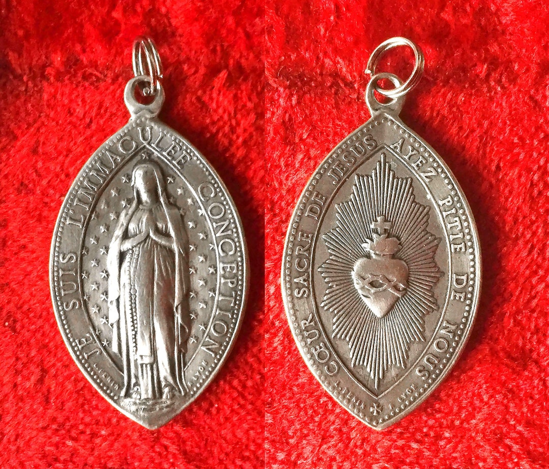 Vintage French Virgin Mary Religious Medal 1800s Penin Signed Catholic