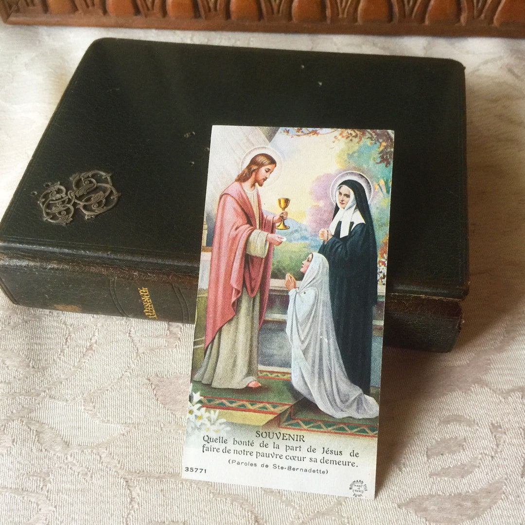 1935 Antique French Jesus Communion Saint Bernadette Religious Card, Catholic Holy Card ...