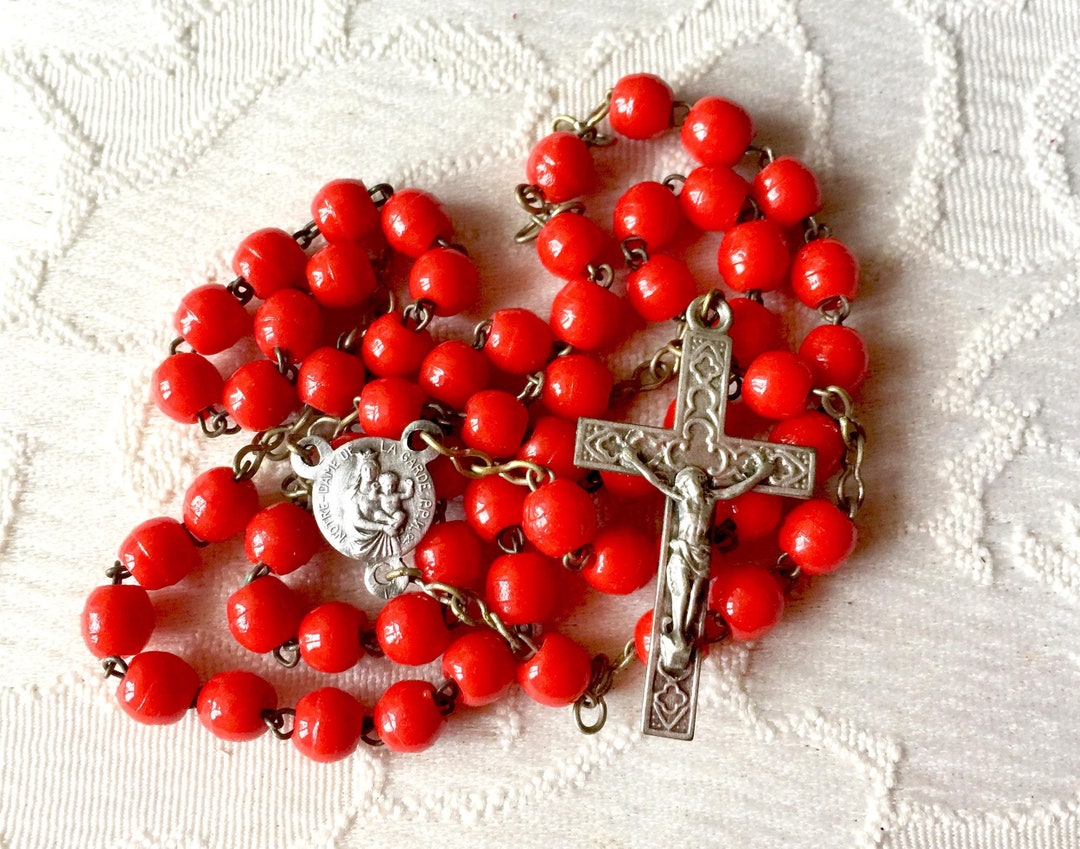 Vintage French Red Catholic Rosary, Traditional Prayer Rosary Mary W ...
