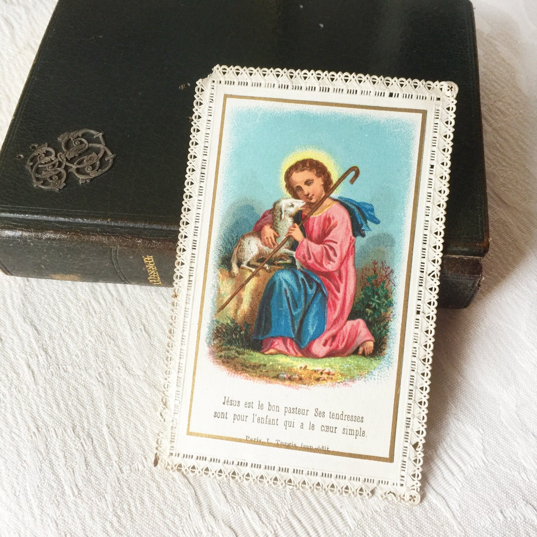 1880s Antique French Jesus Good Shepherd Religious Lace Card, Canivet ...