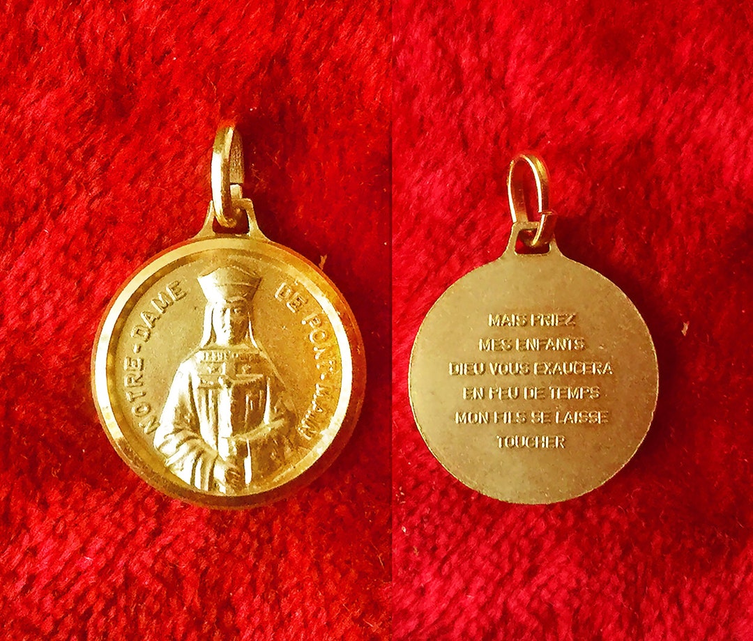 Vintage French Virgin Mary Religious Medal Gold Metal Mary Our Lady Of