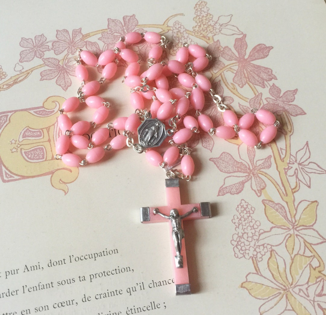 Vintage French Virgin Mary Pink Rosary With Miraculous Medal, Pink ...