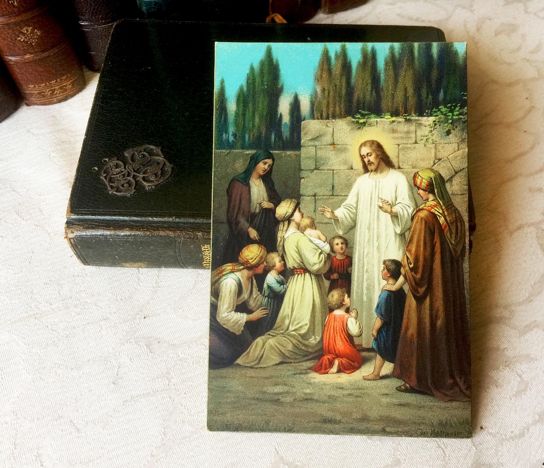 Vintage Jesus Holy Card Postcard Size, Blessing of the Children ...