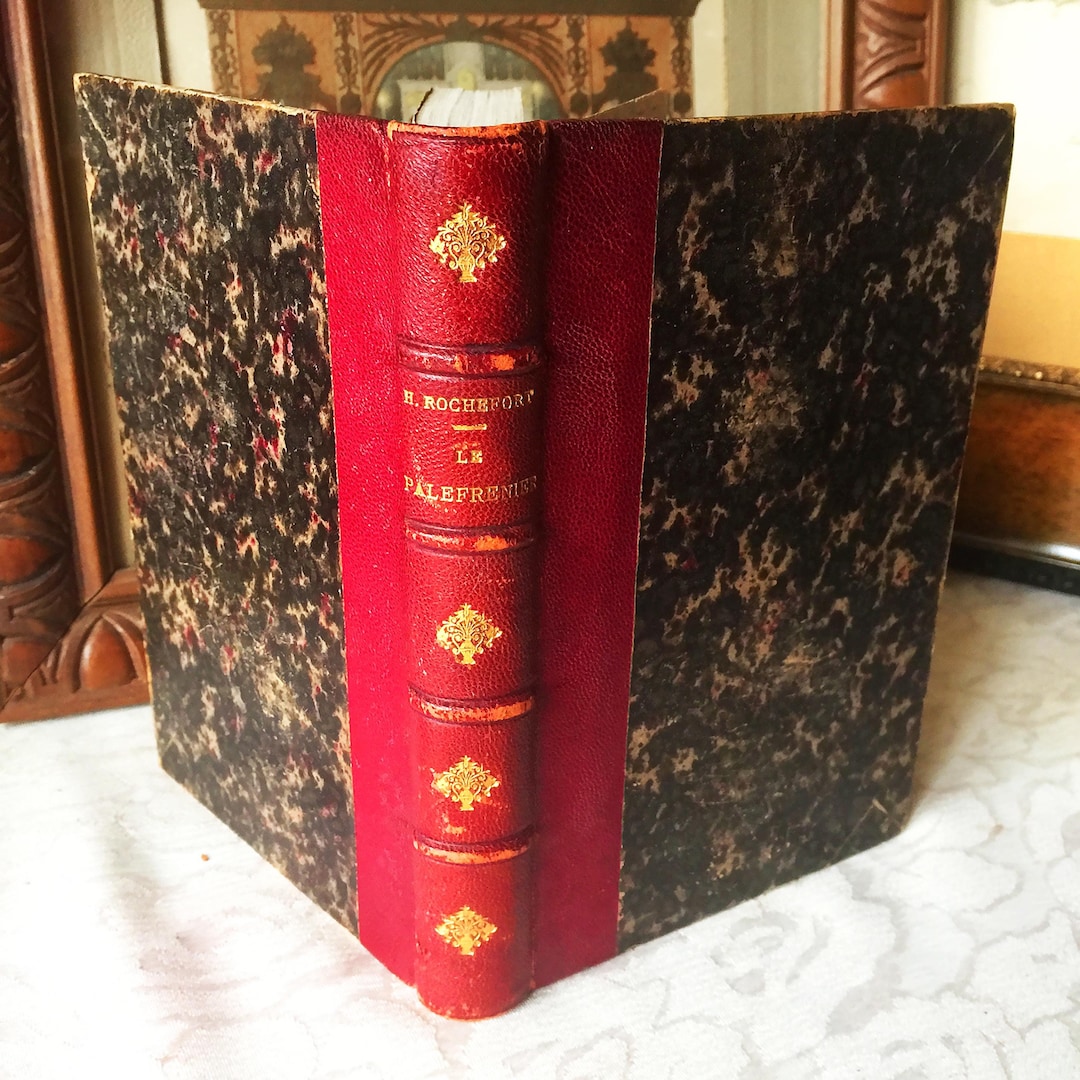 Antique French Library Book Red Leather Bound, Vintage French ...