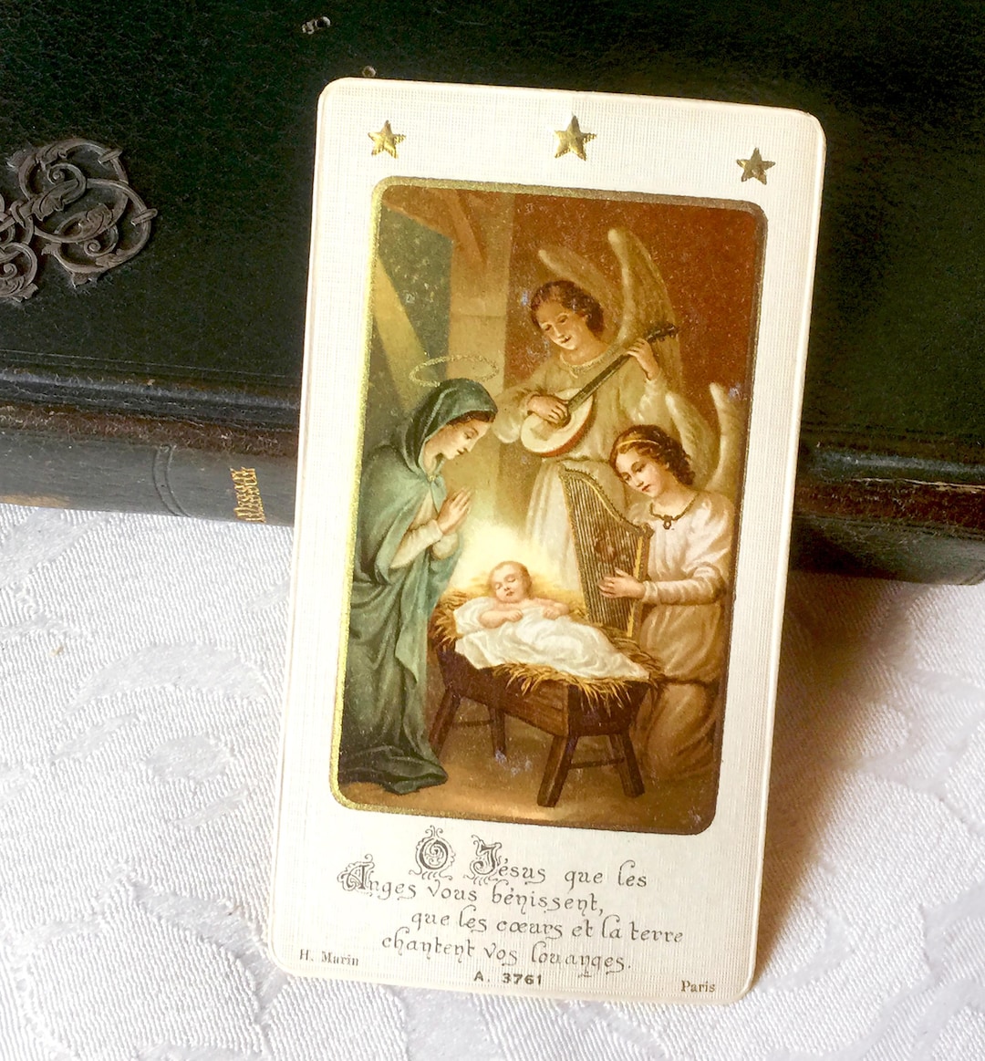 Vintage French Nativity Holy Card, Jesus Mary Angels Catholic Image ...