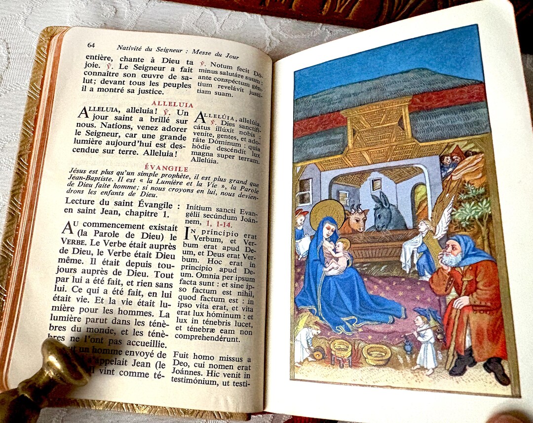 Vintage French Missal, Illumination Style Leather Bound Religious Book ...