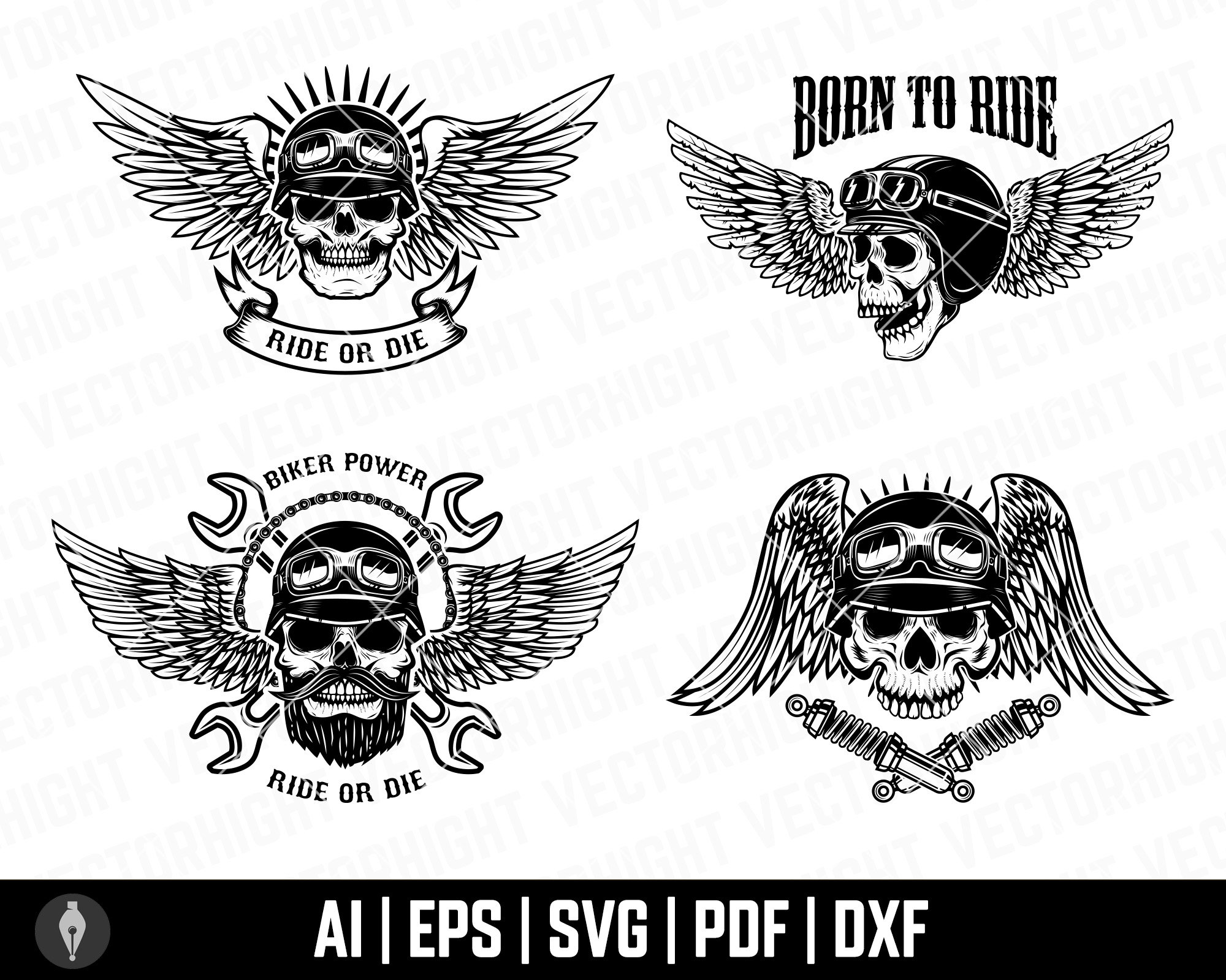 Biker Symbols Set Vector Illustration. Racer Skull SVG AI | Etsy