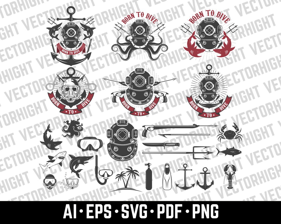 Diver Emblems Set Vector Illustration. Diving Helmet SVG, AI, EPS, Png ...