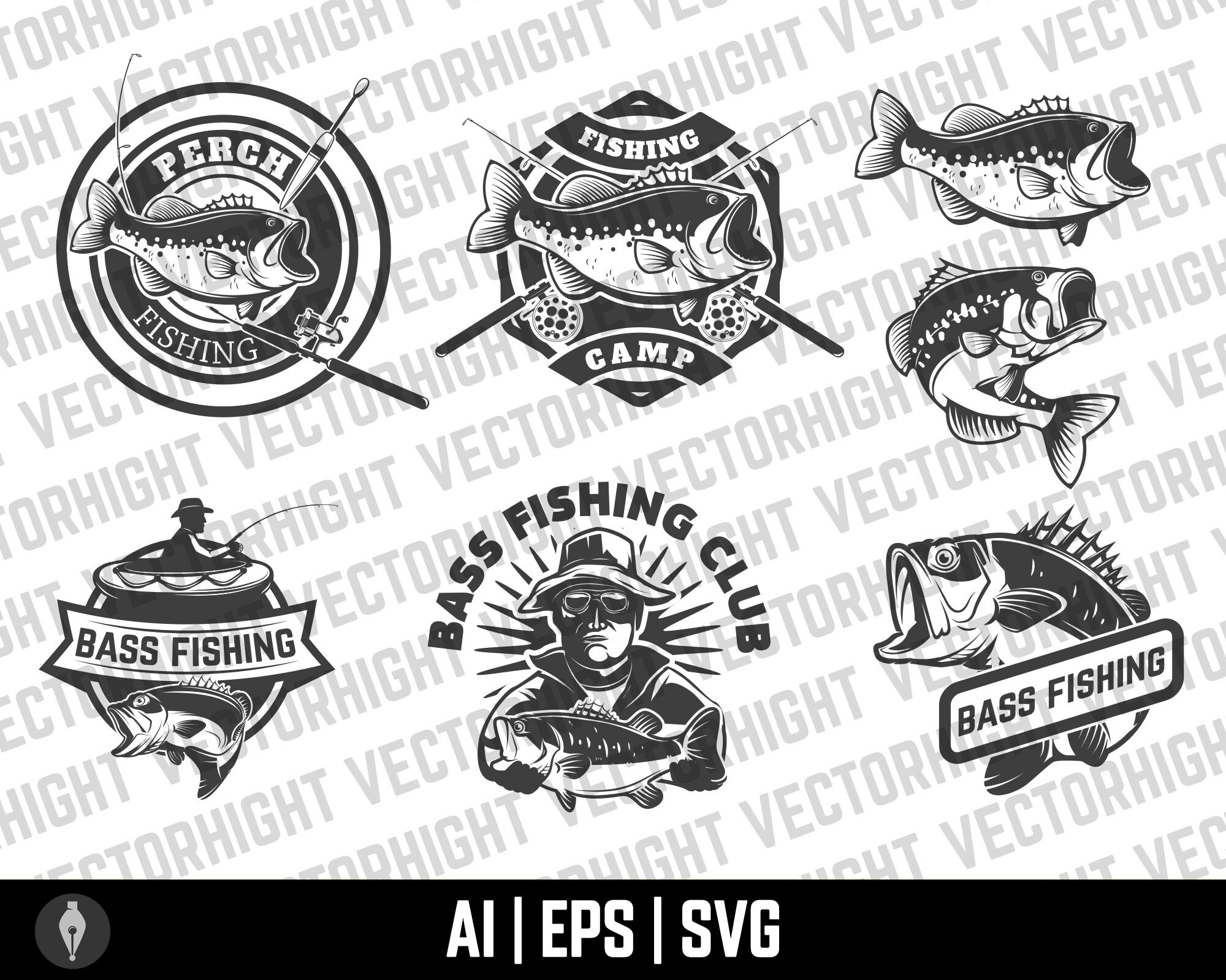 Bass Fishing Emblems. Bass Fish EPS. Bass Fishing SVG. Bass Fish Vector ...