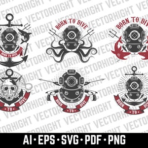 Diver Emblems Set Vector Illustration. Diving Helmet SVG, AI, EPS, Png ...