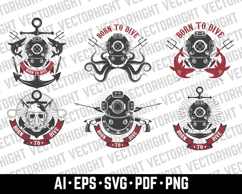 Diver Emblems Set Vector Illustration. Diving Helmet SVG, AI, EPS, Png ...