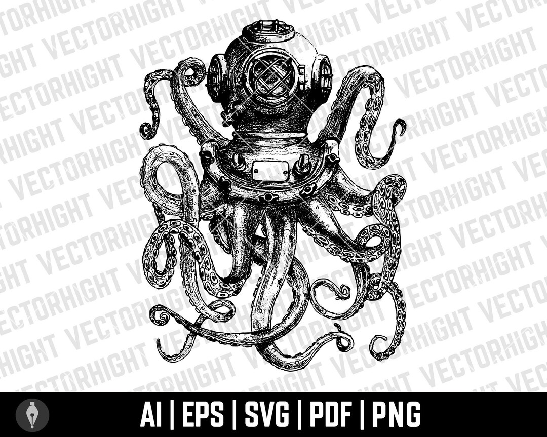 Diver Helmet With Octopus Tentacles SVG, Retro Diver Helmet and Octopus ...