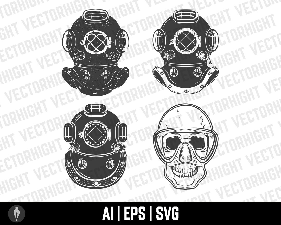 Diver Helmet Vector, Retro Diver Helmet EPS, SVG, AI, Diving Clipart ...