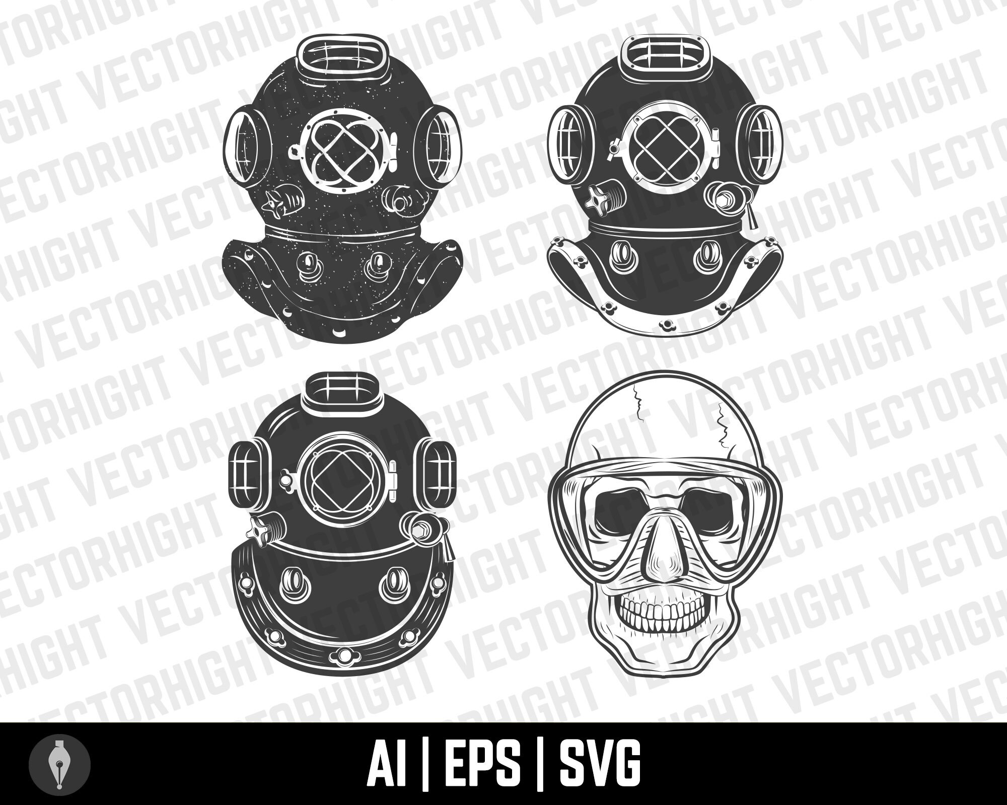 Diver Helmet Vector, Retro Diver Helmet EPS, SVG, AI, Diving Clipart ...