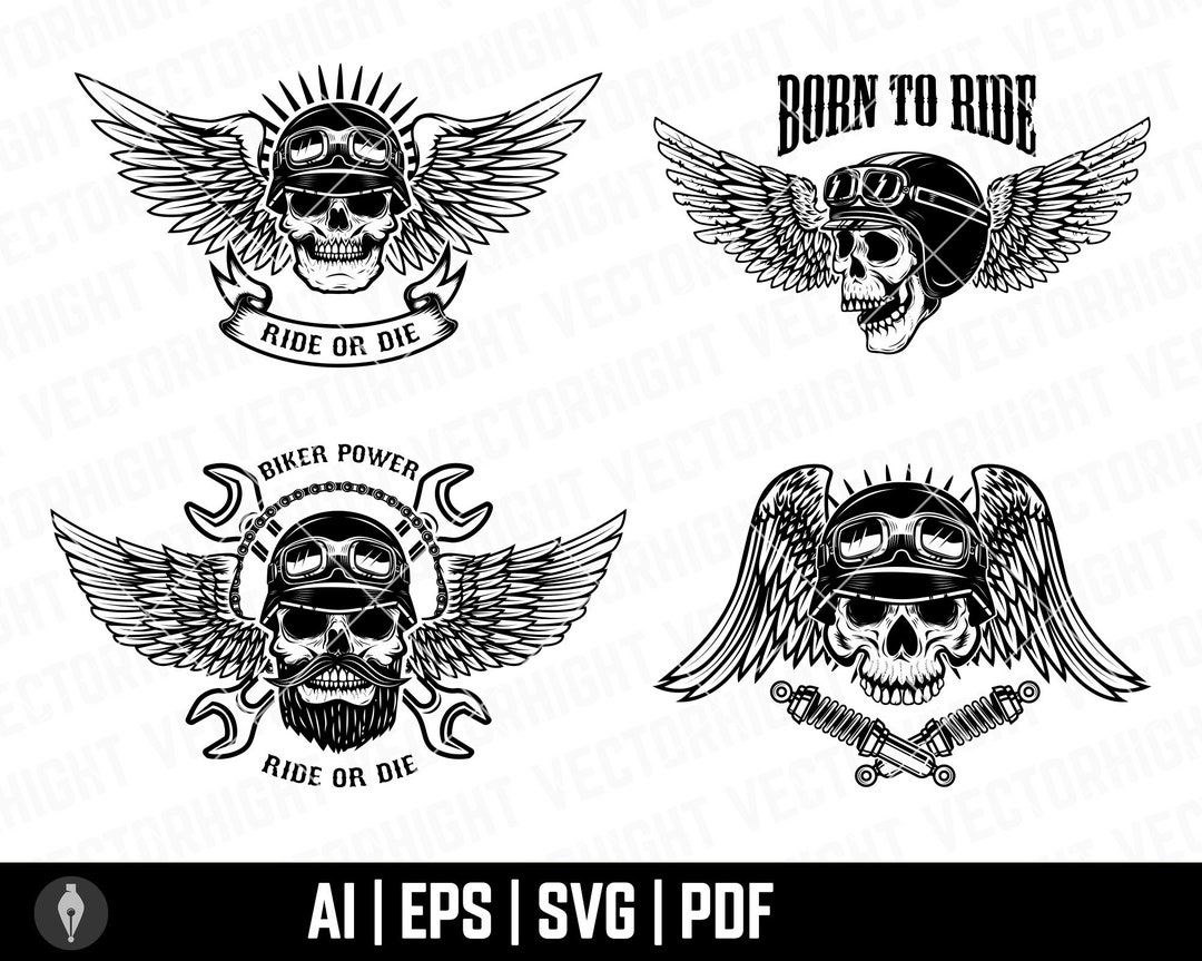 Biker Symbols Set Vector Illustration. Racer Skull SVG, AI, EPS. Retro ...