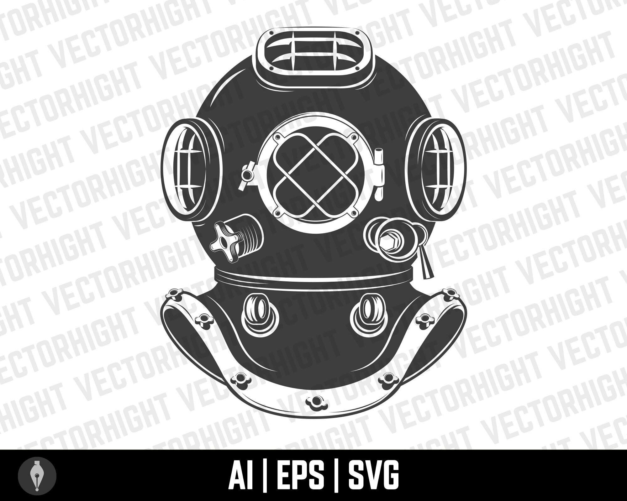 Diver Helmet Vector, Retro Diver Helmet EPS, SVG, AI, Diving Clipart ...