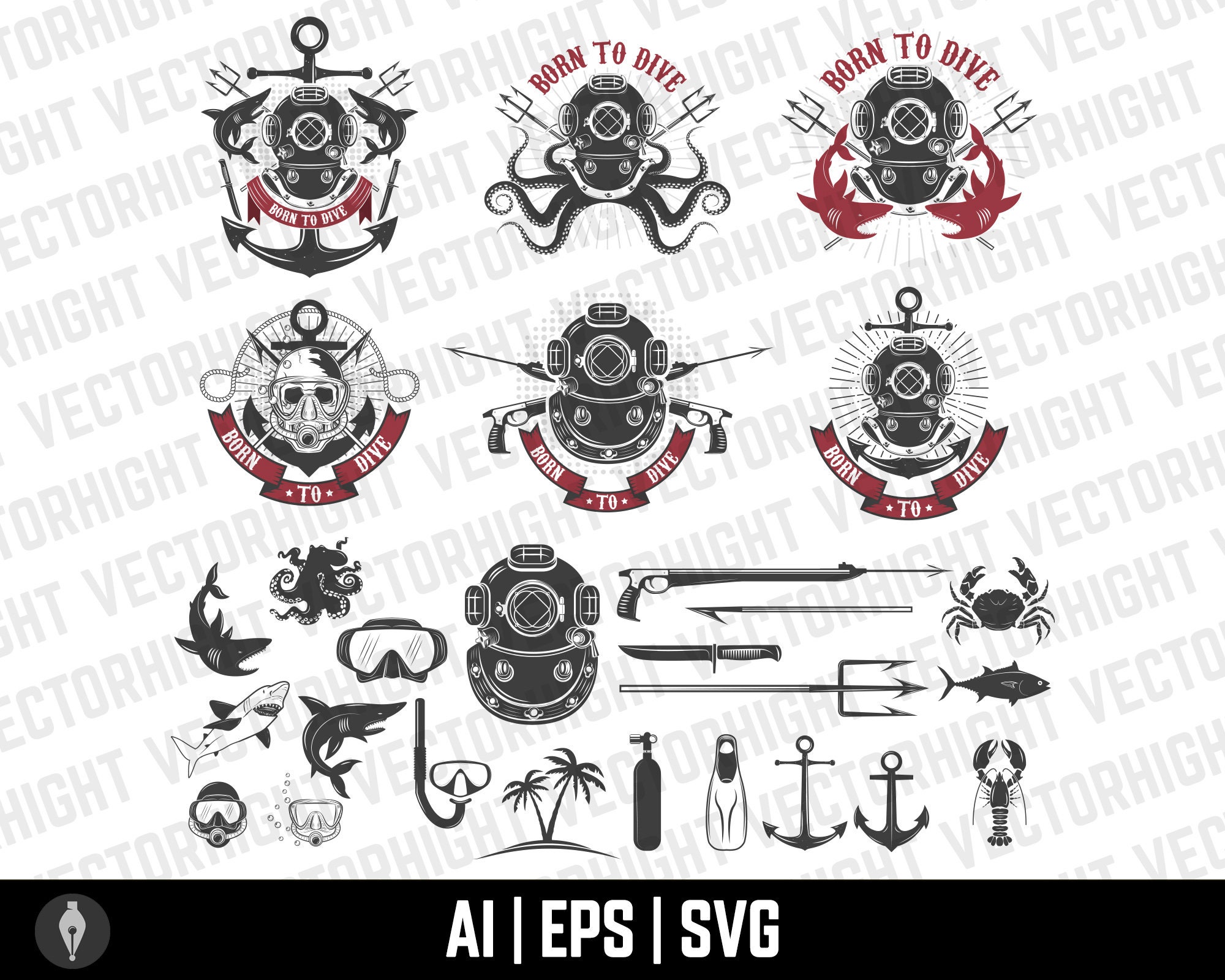 Diver Emblems Set Vector Illustration. Diver Helmet SVG AI - Etsy