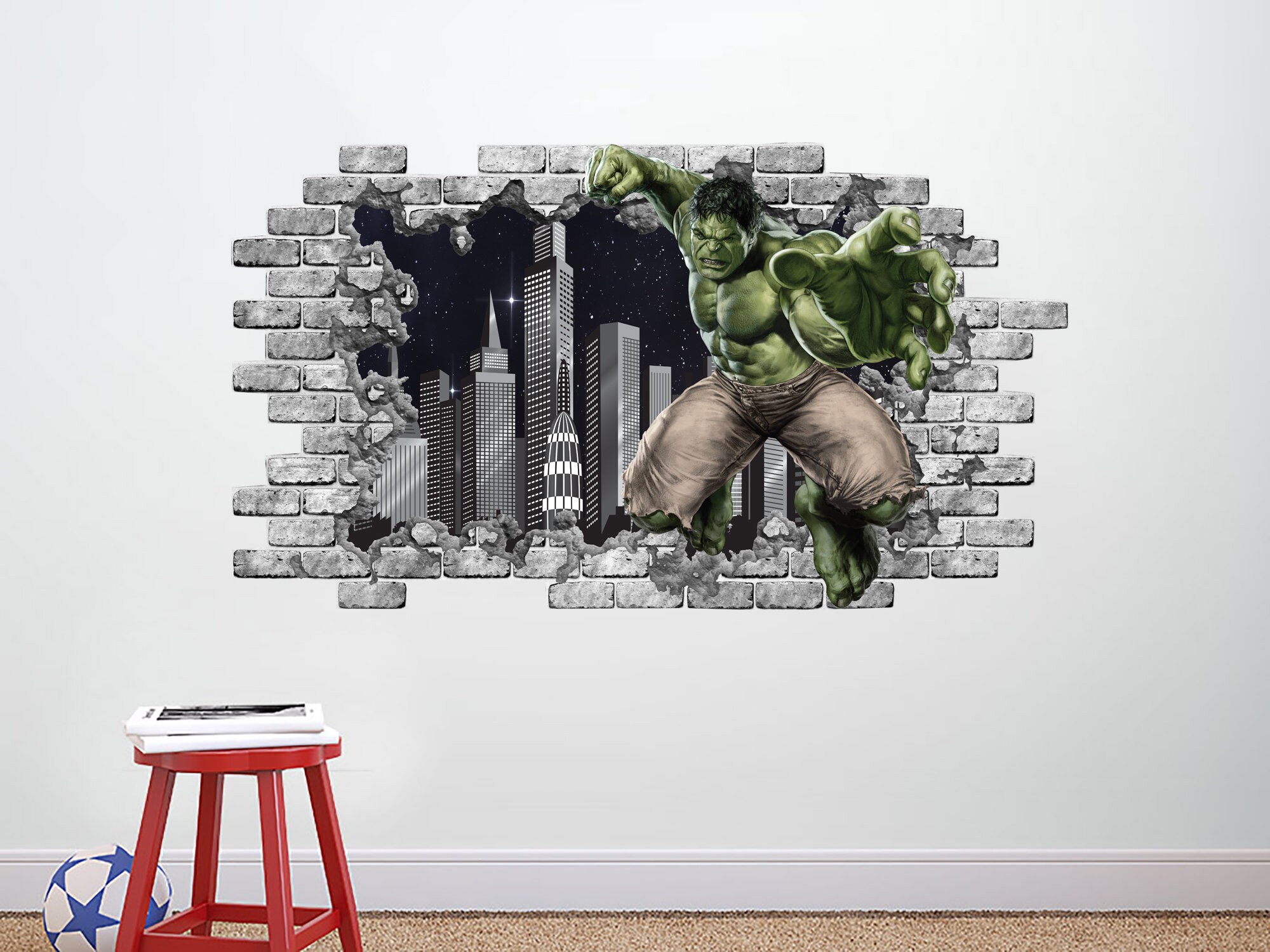 Hulk Wall Decal, Superhero Window Murals, Night City Skyline Children ...