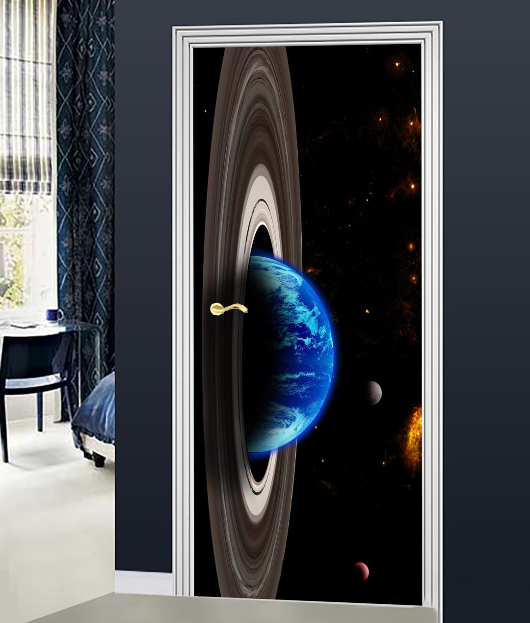 Planets Door Mural, 3D Effect Space Decal, Door Vinyl Cover, Galaxy ...
