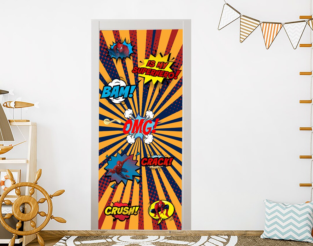 Comic Book Kids Bedroom Door, Superhero Self Adhesive Door Wrap, Comics ...