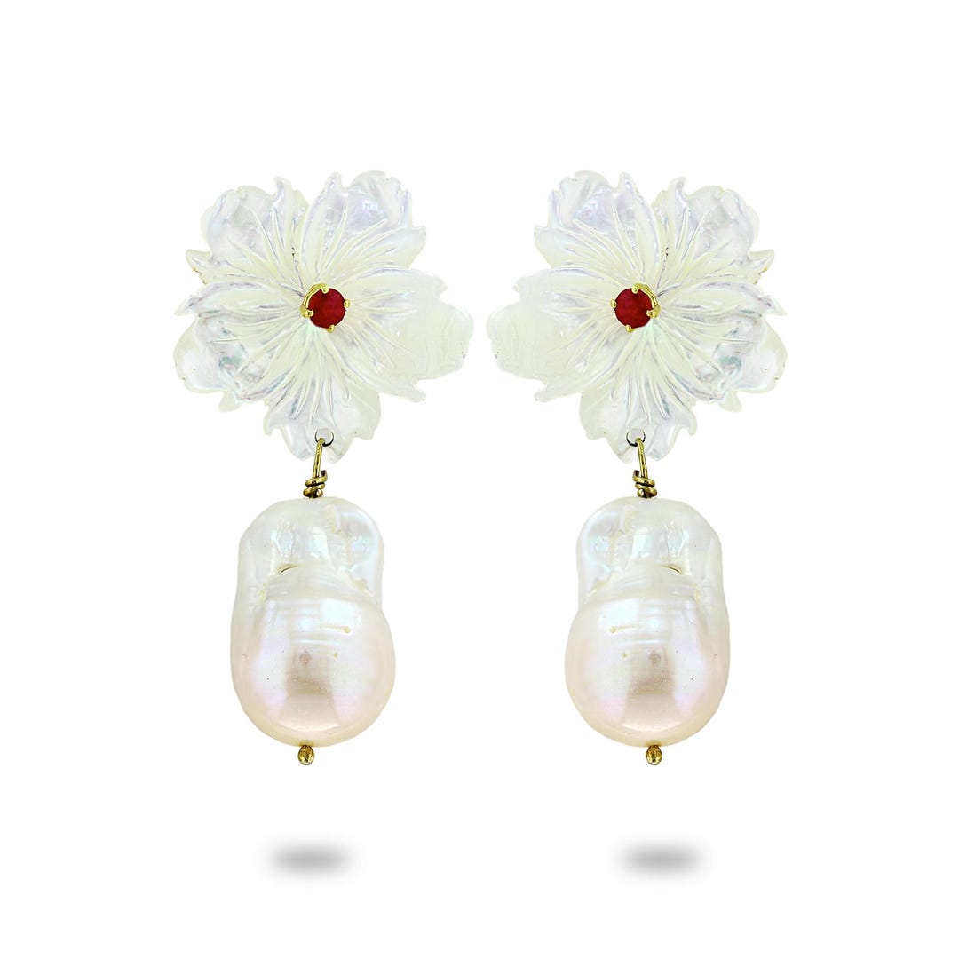 Mother of Pearl Earring Jacket With Detachable Ruby Stud | LEEZANDING ...