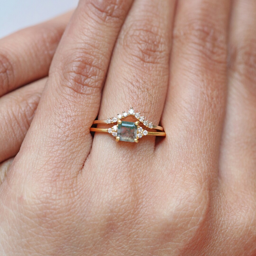 Princess Moss Agate & Diamond Crown Ring Set, 14k Solid Gold Matching ...