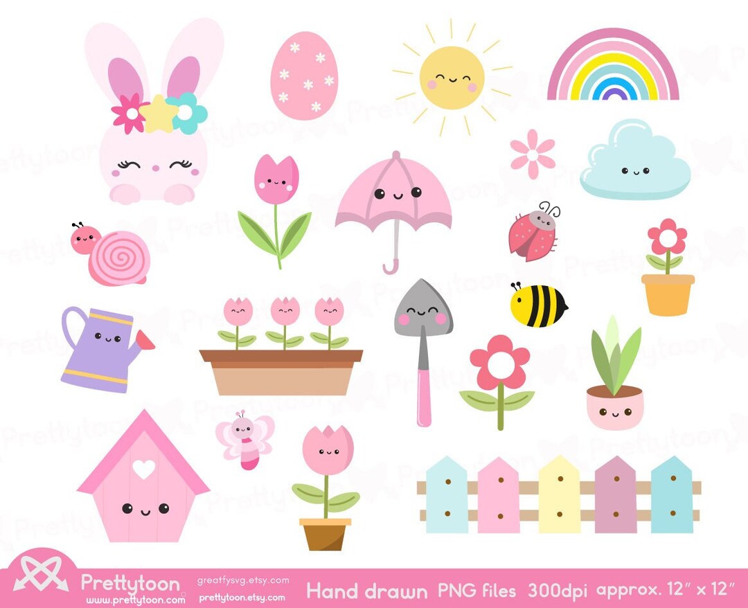 Spring Hand Drawn Clipart Bundle , Png Spring Illustration, Rabbit ...