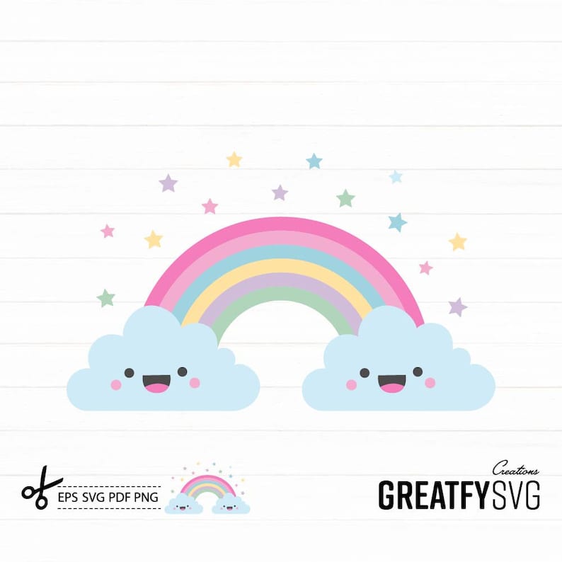 Rainbow Svg Kawaii Rainbow Cloud Svg Rainbow Clouds Print Etsy