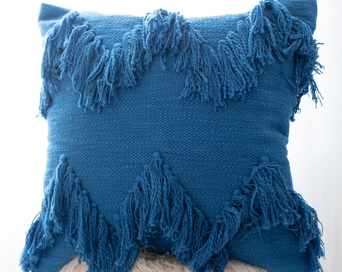 Classic Blue Fringe Pillow Cover, Boho Fringe Throw Pillow Cover 20" X ...