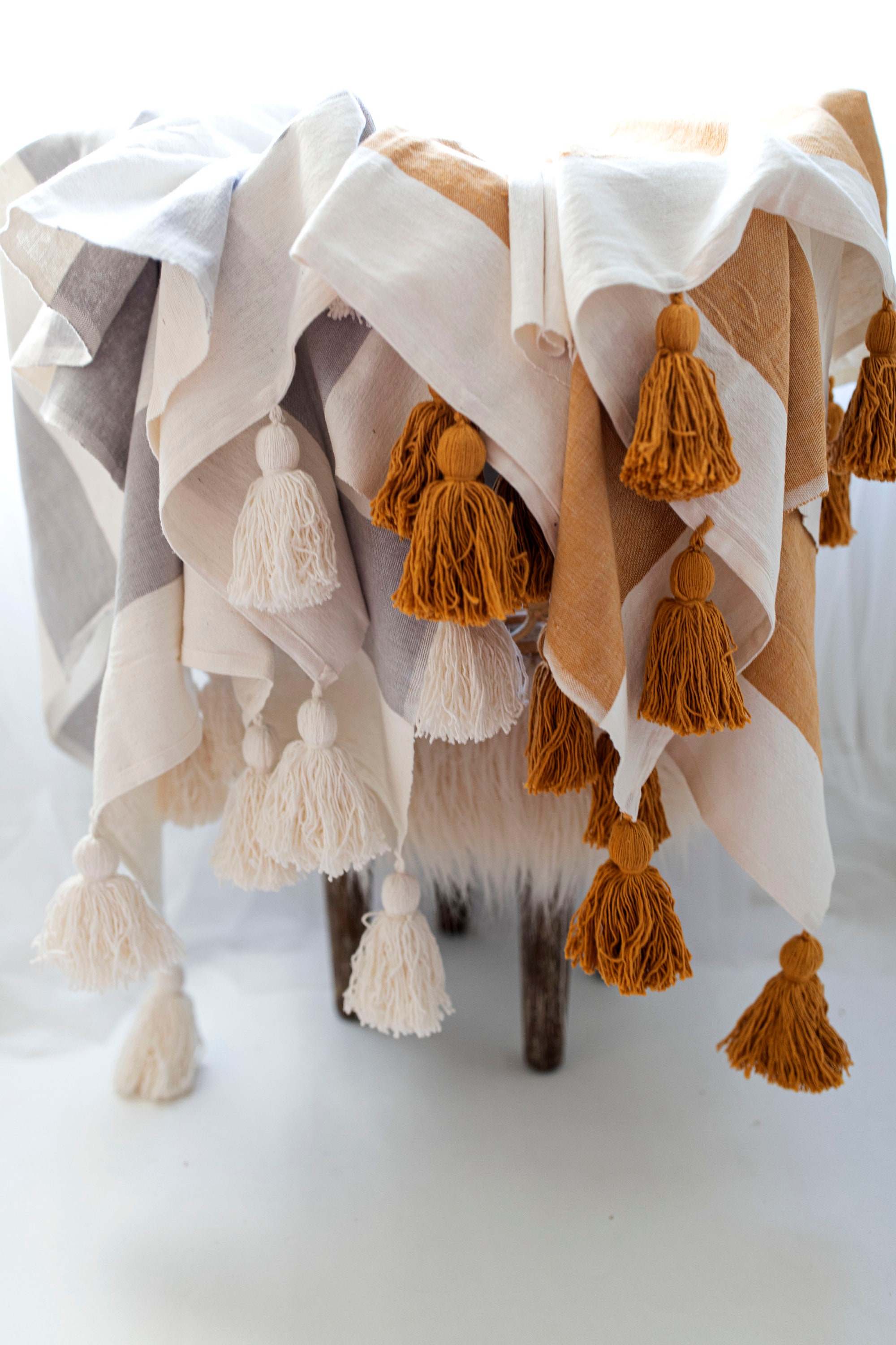 Woven Mustard and Beige Striped Cotton Throw Blanket Tassels | Etsy