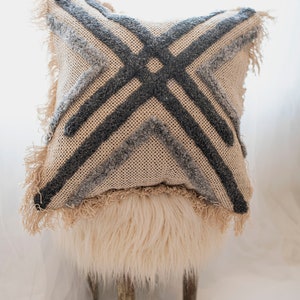 Textured Gray and Beige Woven Cotton Pillow Cover With Fringe 20 X 20 ...