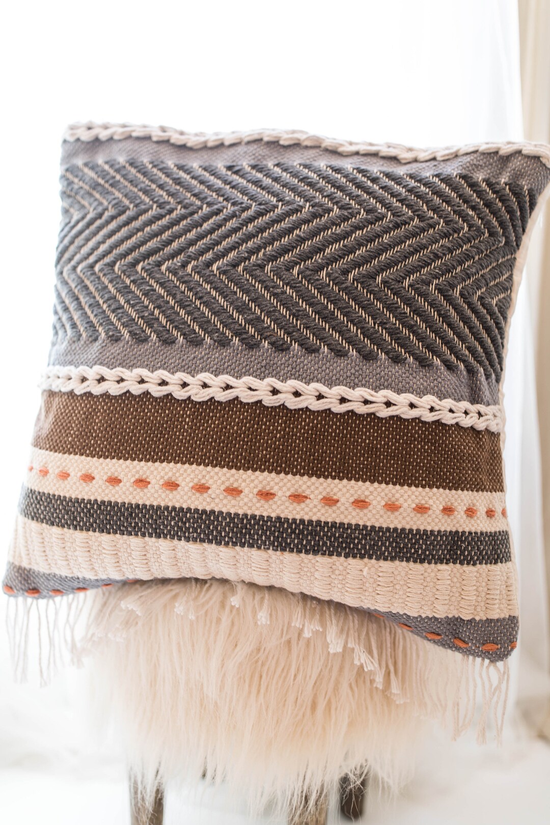 Textured Herringbone Chevron Pattern Woven Pillow Cover, Gray and Taupe ...