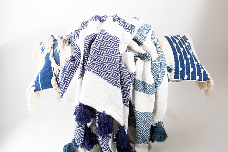 Woven Cotton Throw Blanket With Tassels: Blue Bohemian Decor (50 X 60 ...