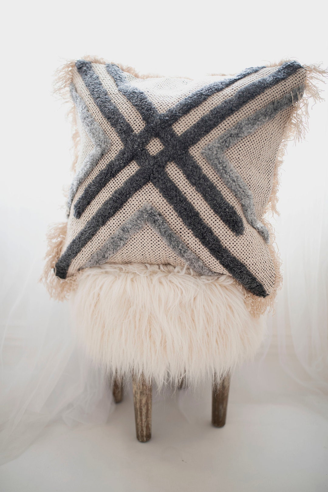 Textured Gray and Beige Woven Cotton Pillow Cover With Fringe 20 X 20 ...