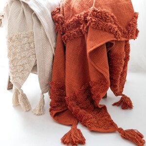 Rust | Burnt Orange Cotton Woven Throw Blanket With Tassels | Bohemian ...