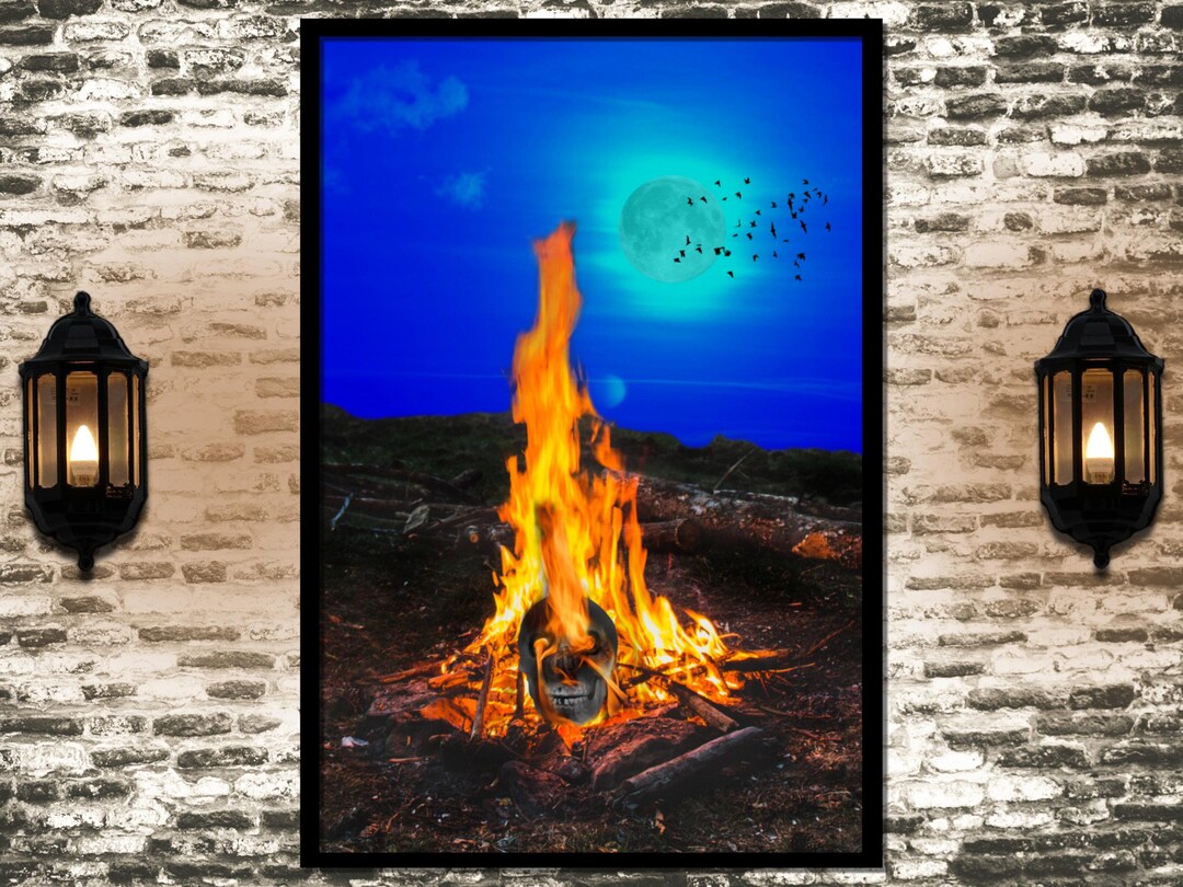 Campfire Skeleton Art Print | Dark Landscape Halloween Poster ...