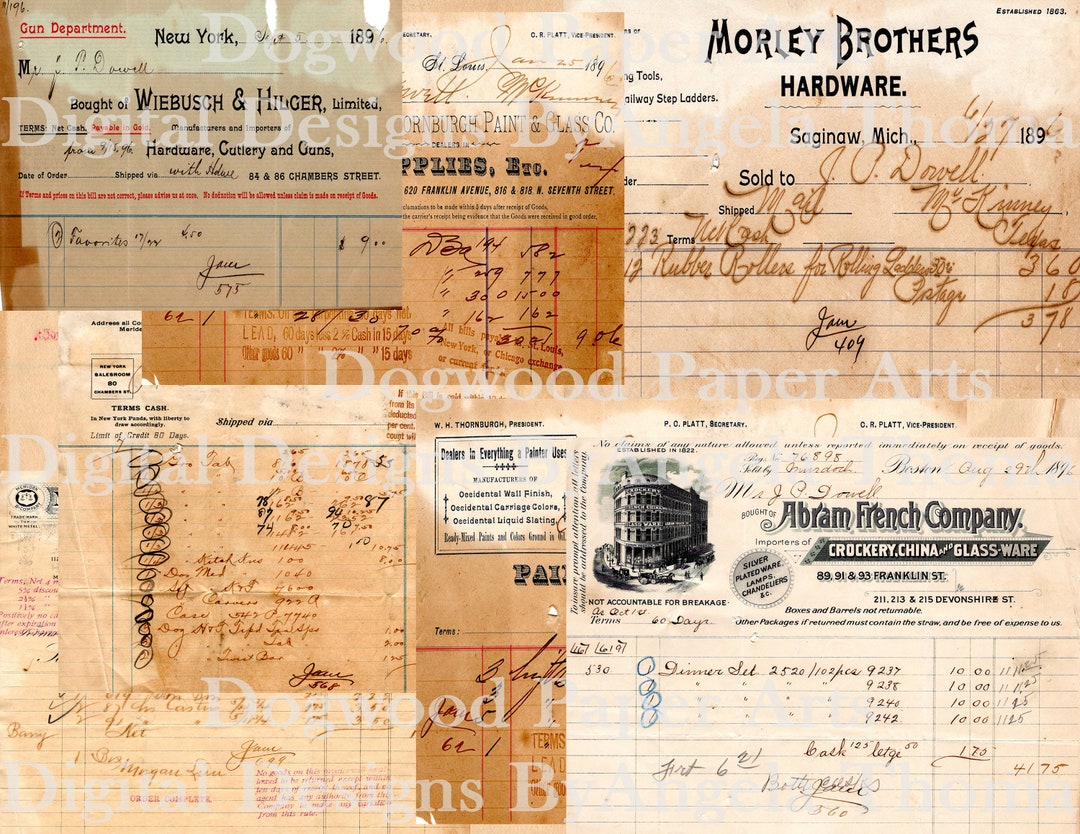 Vintage and Antique Receipts - Digital Papers, Each Receipt Covers a ...